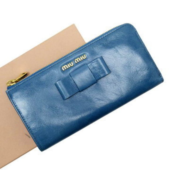 Miu Miu | Bags | Miu Miu Zipper Long Wallet Blue Leather | Poshmark